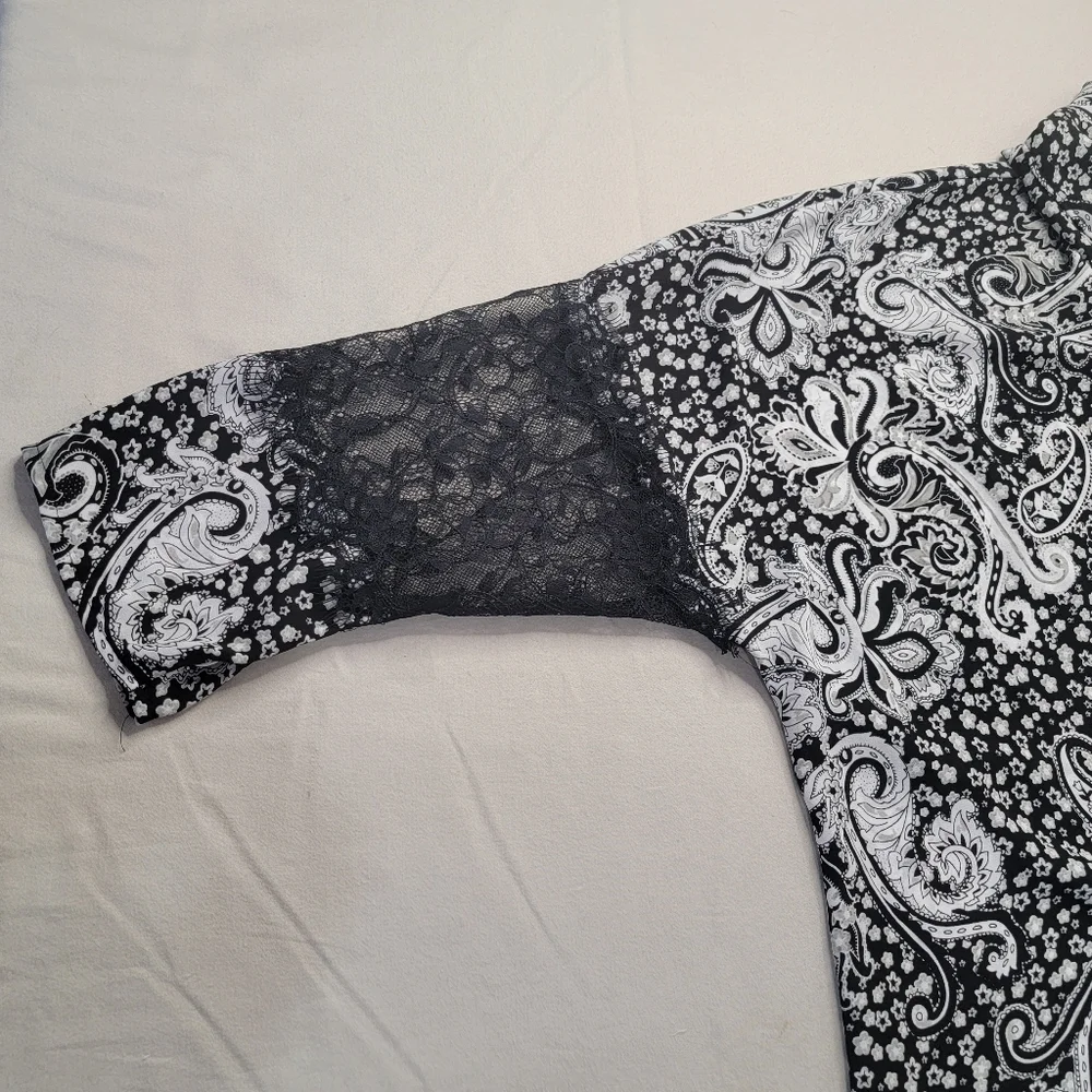 Express | Tops | Express Paisley Blouse Black White Lace Trim Tie Neck ...